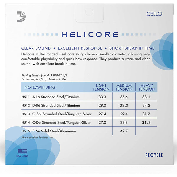 D'Addario Helicore Cello String Set (4/4 Scale, Medium Tension ...